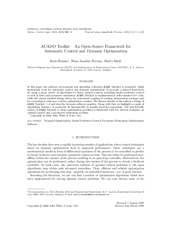 Pdf Acado Toolkit An Open Source Framework For Automatic Control And Dynamic Optimization