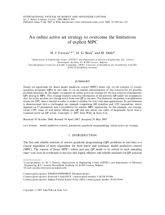 (PDF) An online active set strategy to overcome the limitations of explicit MPC