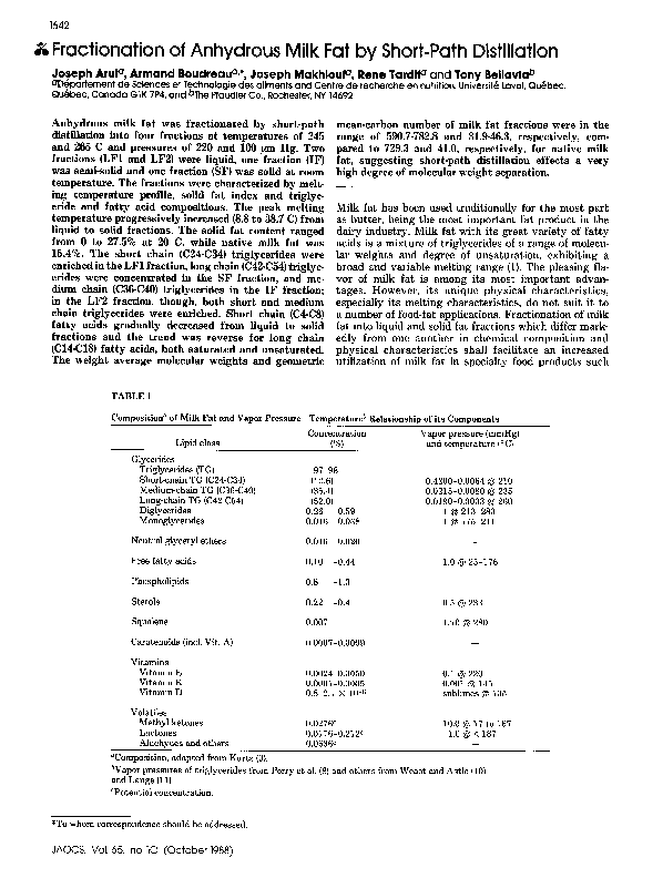 (PDF) Fractionation of anhydrous milk fat by short-path distillation