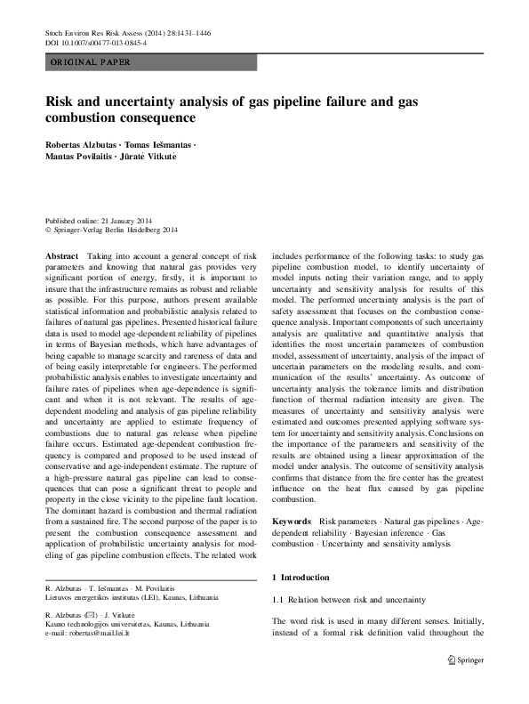 (PDF) Risk and uncertainty analysis of gas pipeline failure and gas combustion consequence