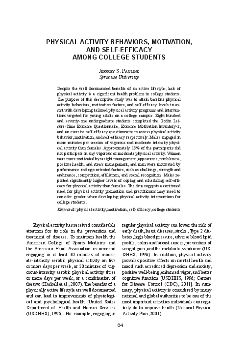 (PDF) PHYSICAL ACTIVITY BEHAVIORS, MOTIVATION, AND SELF-EFFICACY AMONG COLLEGE STUDENTS