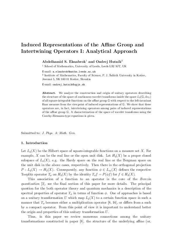 (PDF) Induced representations of the affine group and intertwining ...