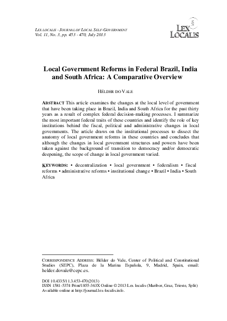 (PDF) Local Government Reforms in Federal Brazil, India and South ...