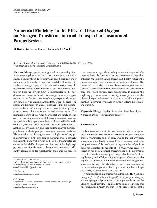Pdf Numerical Modeling On The Effect Of Dissolved Oxygen On Nitrogen