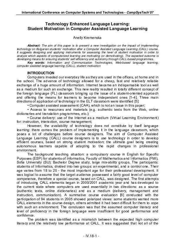 (PDF) Technology enhanced language learning: student motivation in ...