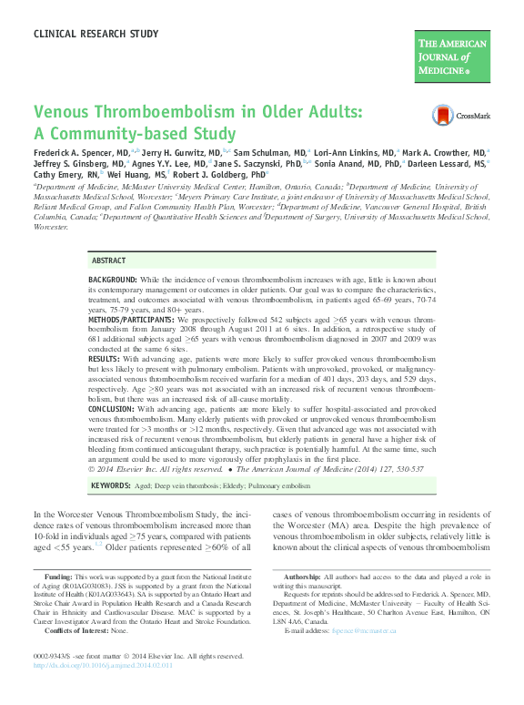 (PDF) Venous Thromboembolism in Older Adults: A Community-based Study