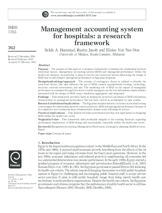 (PDF) Management accounting system for hospitals: a research framework