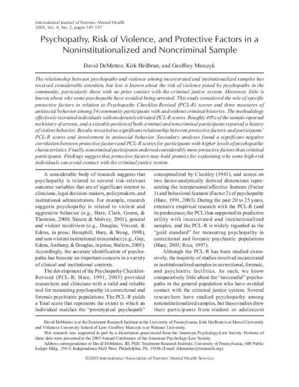 (PDF) Psychopathy, Risk of Violence, and Protective Factors in a ...