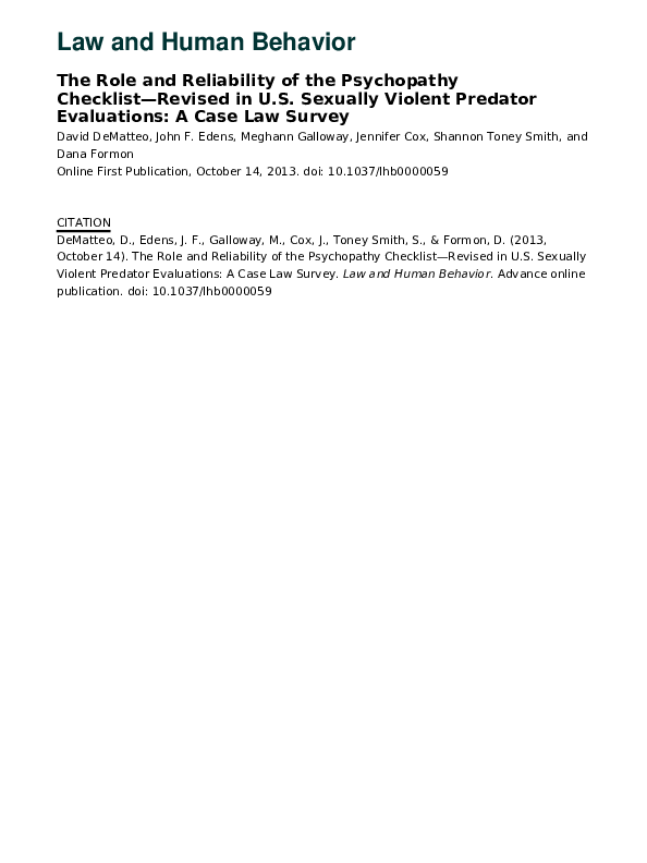(PDF) The Role and Reliability of the Psychopathy Checklist—Revised in ...