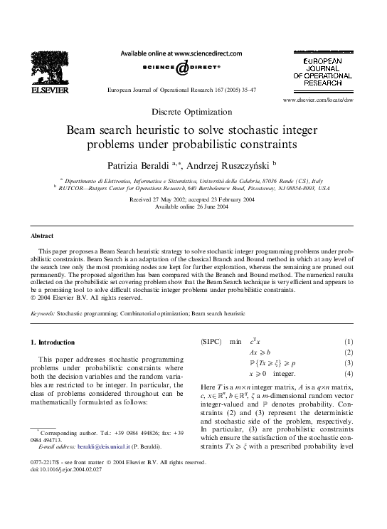 (PDF) Beam search heuristic to solve stochastic integer problems under probabilistic constraints