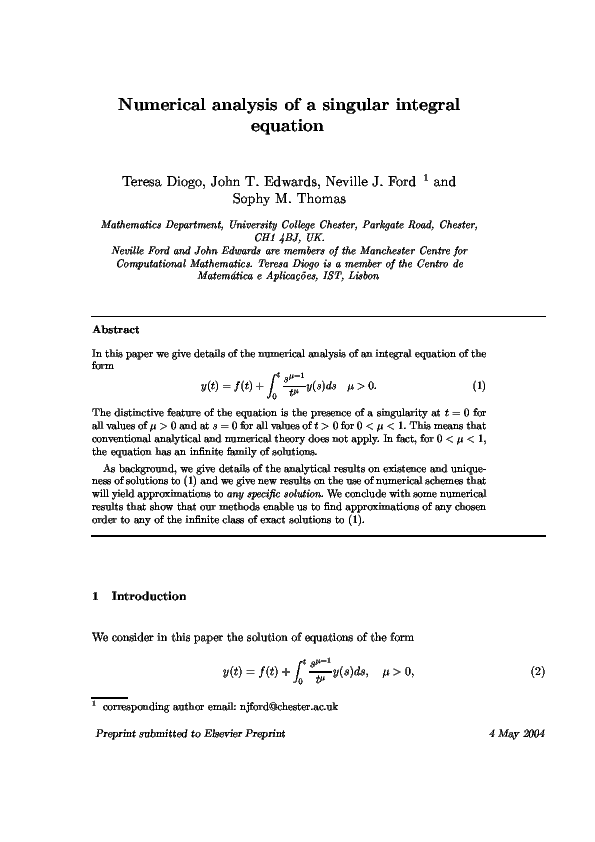 Pdf Numerical Analysis Of A Singular Integral Equation Neville Ford