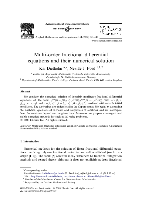 Pdf Multi Order Fractional Differential Equations And Their Numerical