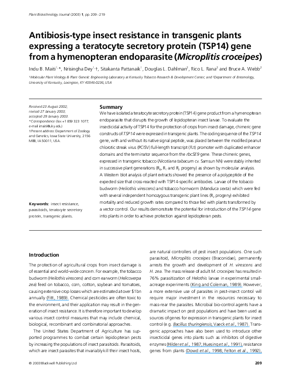 (PDF) Antibiosis-type insect resistance in transgenic plants expressing ...