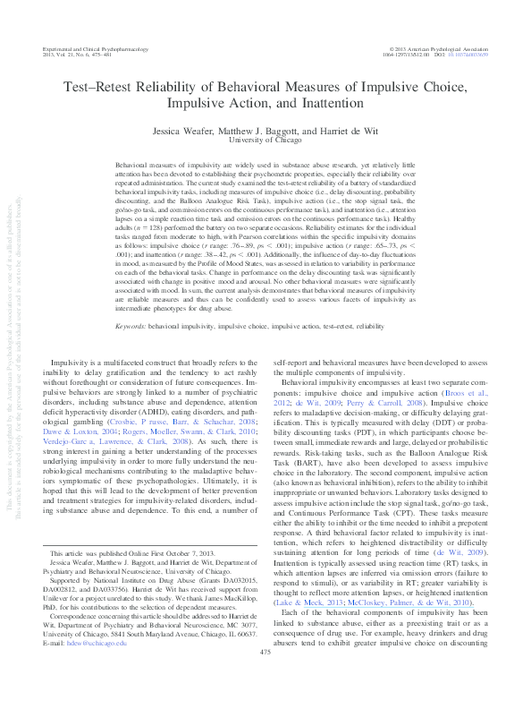 (PDF) Test–retest reliability of behavioral measures of impulsive ...