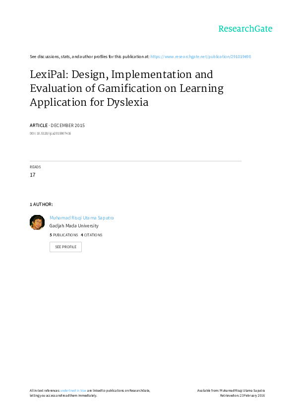 LexiPal: Design, Implementation and Evaluation of Gamification on Learning Application for Dyslexia