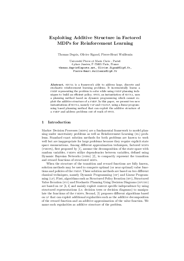 Pdf Exploiting Additive Structure In Factored Mdps For Reinforcement Learning