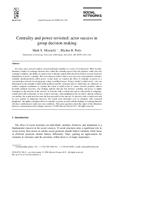 (PDF) Centrality and power revisited: actor success in group decision ...