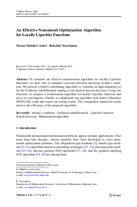 Pdf An Effective Nonsmooth Optimization Algorithm For Locally Lipschitz Functions