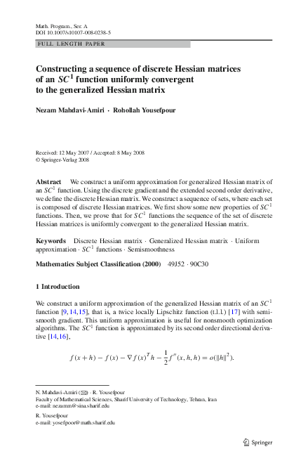 Pdf Constructing A Sequence Of Discrete Hessian Matrices Of An Sc 1 Function Uniformly