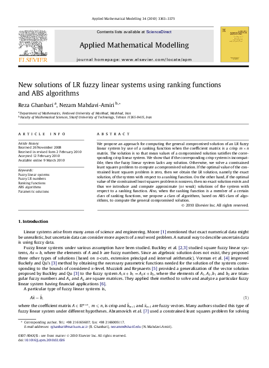 (PDF) New solutions of LR fuzzy linear systems using ranking functions and ABS algorithms ...