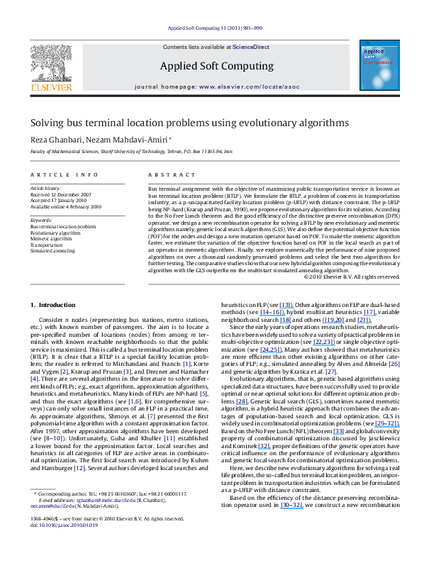 (PDF) Solving bus terminal location problems using evolutionary algorithms