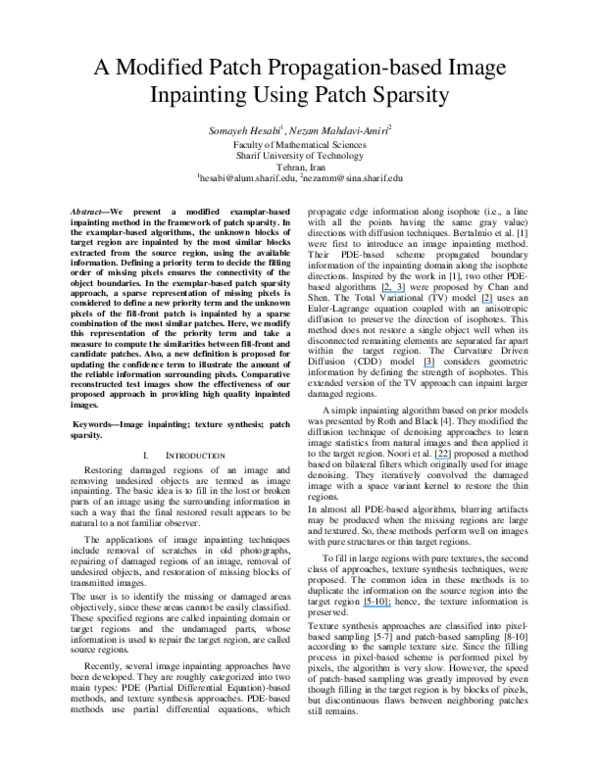 (PDF) A modified patch propagation-based image inpainting using patch sparsity
