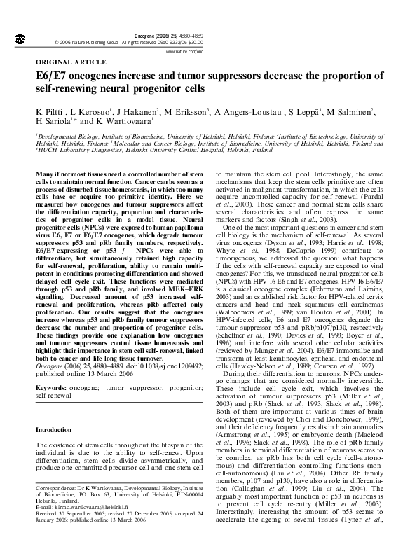 (PDF) E6/E7 oncogenes increase and tumor suppressors decrease the proportion of self-renewing ...