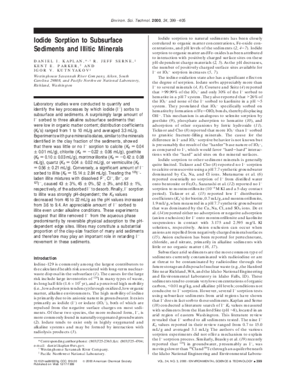 (PDF) Iodide Sorption to Subsurface Sediments and Illitic Minerals