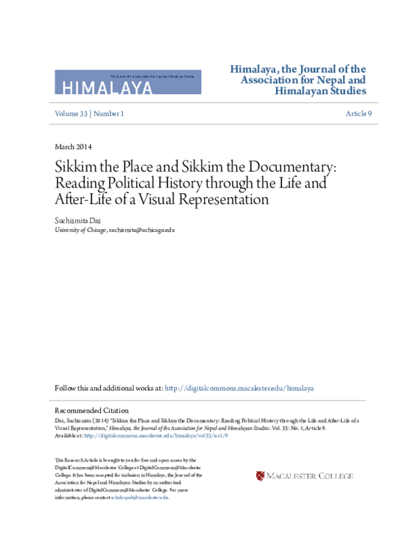 (PDF) Sikkim the Place and Sikkim the Documentary: Reading Political ...