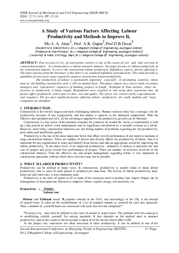 (PDF) A Study of Various Factors Affecting Labour Productivity and ...