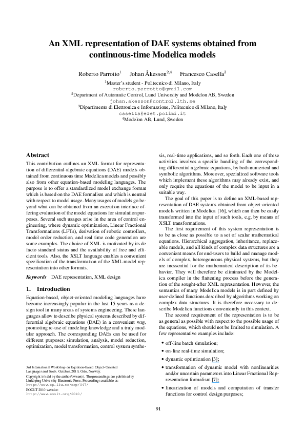(PDF) An XML Representation of DAE Systems Obtained from Modelica Models