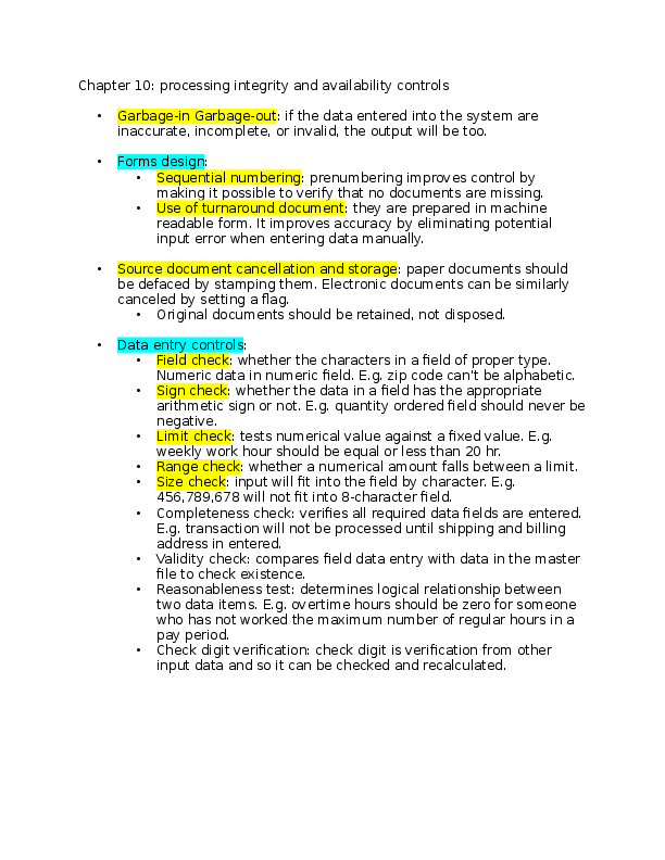(DOC) Chapter 10: processing integrity and availability controls