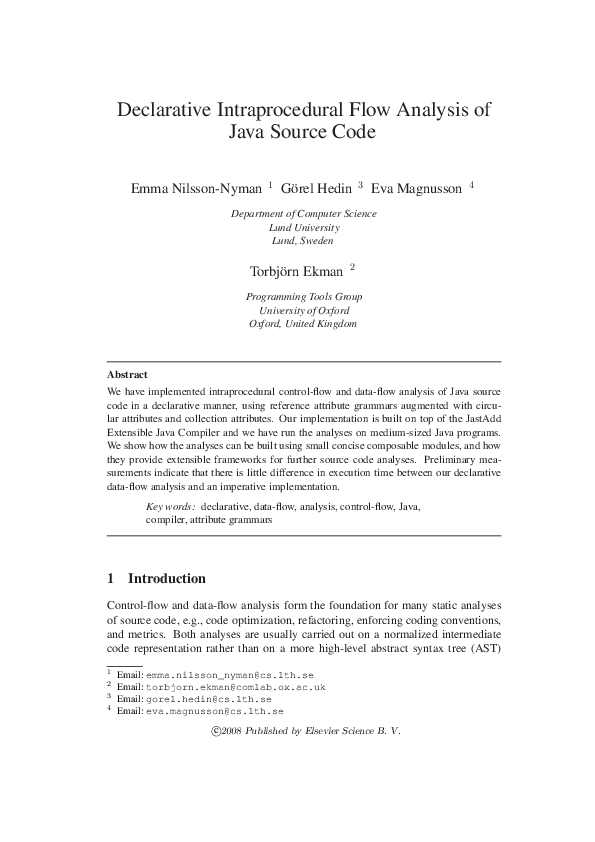 Pdf Declarative Intraprocedural Flow Analysis Of Java Source Code Eva Magnusson
