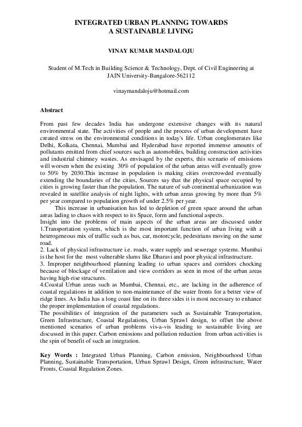 (PDF) INTEGRATED URBAN PLANNING TOWARDS A SUSTAINABLE LIVING