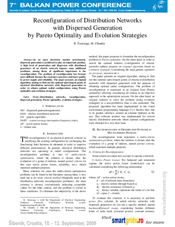 Reconfiguration of Distribution Networks with Dispersed Generation by Pareto Optimality and ...