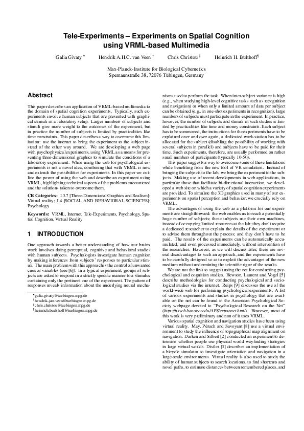 (PDF) Tele-experiments-experiments on spatial cognition using VRML-based multimedia