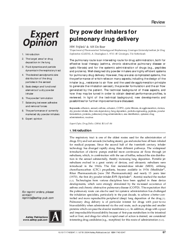 (PDF) Dry powder inhalers for pulmonary drug delivery