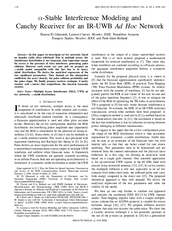 (PDF) α-stable Interference Modeling and Cauchy Receiver for an IR-UWB ad hoc Network