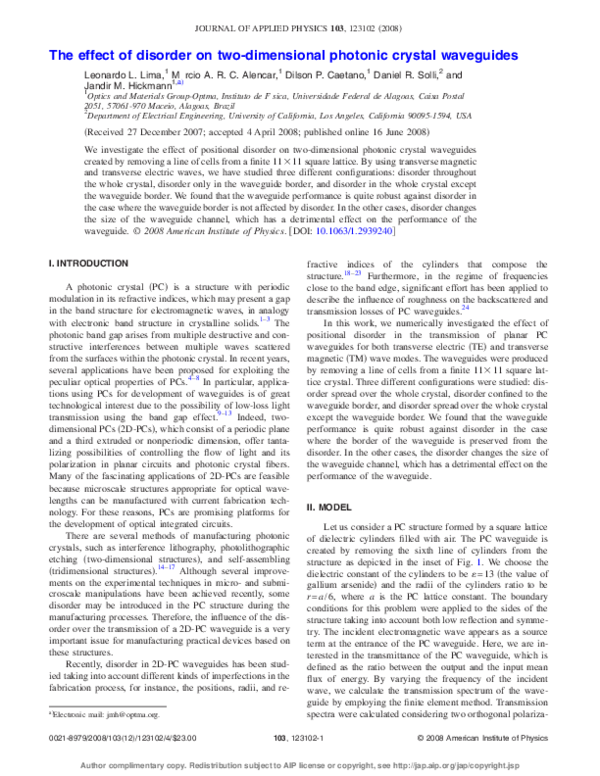 (PDF) The effect of disorder on two-dimensional photonic crystal waveguides