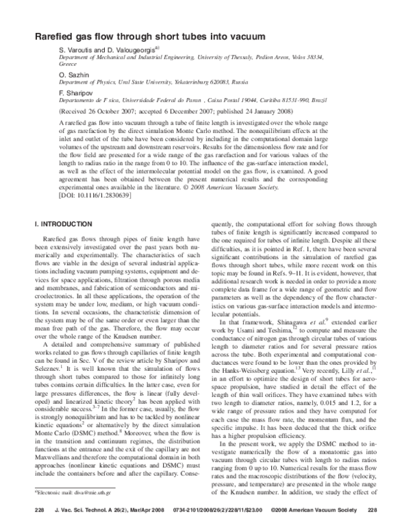 (PDF) Rarefied gas flow through short tubes into vacuum
