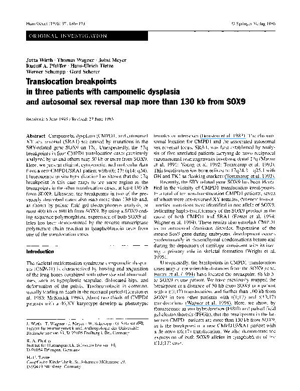 Pdf Translocation Breakpoints In Three Patients With Campomelic Dysplasia And Autosomal Sex