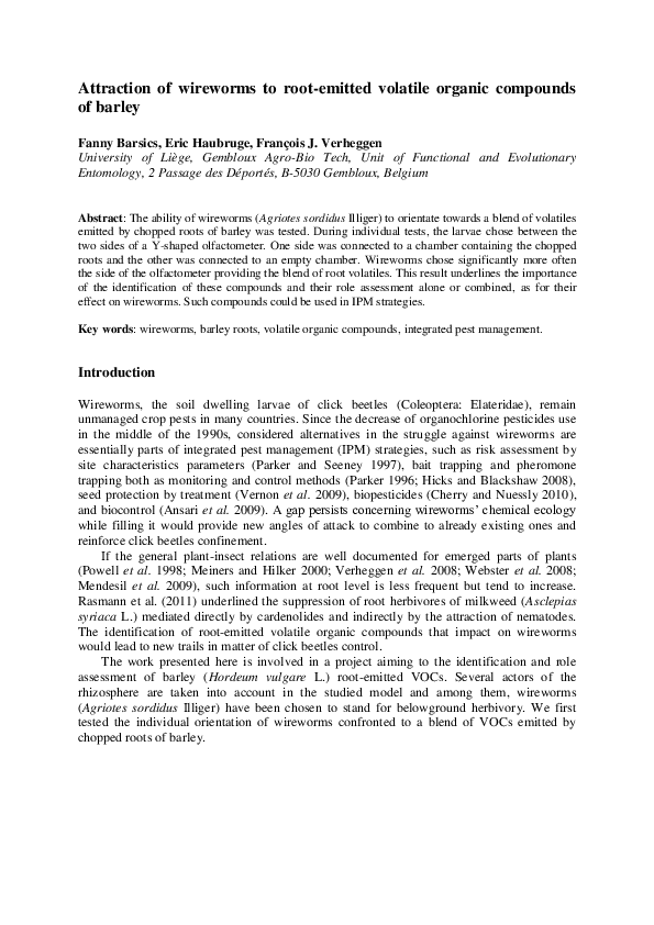(PDF) Attraction of wireworms to root-emitted volatile organic ...