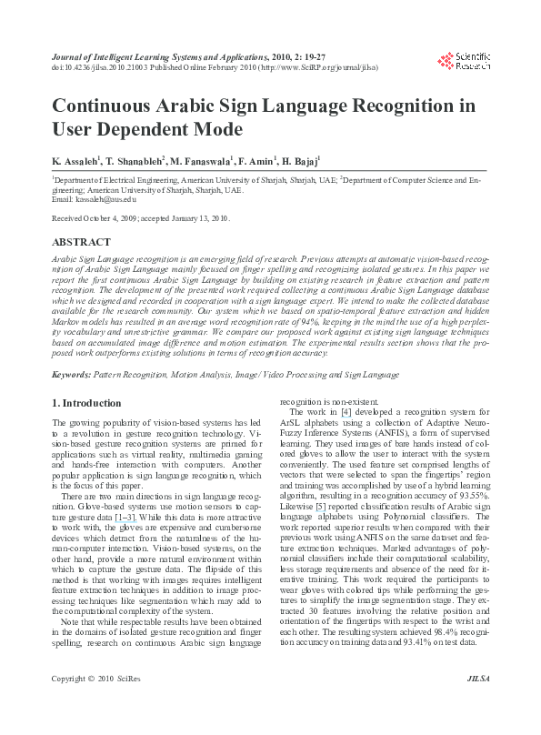 Pdf Continuous Arabic Sign Language Recognition In User Dependent