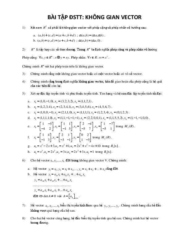 (PDF) BÀI TẬP ĐSTT: KHÔNG GIAN VECTOR