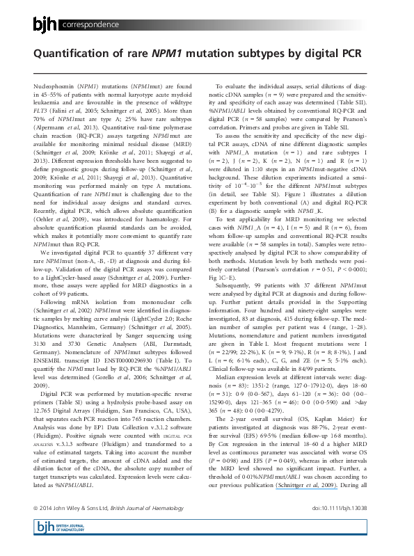 Pdf Quantification Of Rare Npm1 Mutation Subtypes By Digital Pcr