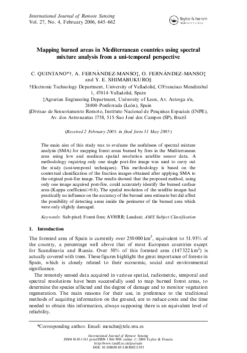 (PDF) Mapping burned areas in Mediterranean countries using spectral mixture analysis from a uni ...