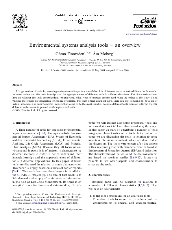 (PDF) Environmental systems analysis tools – an overview