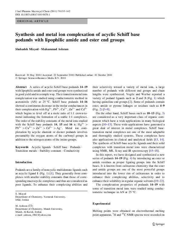 (PDF) Synthesis and metal ion complexation of acyclic Schiff base podands with lipophilic amide ...