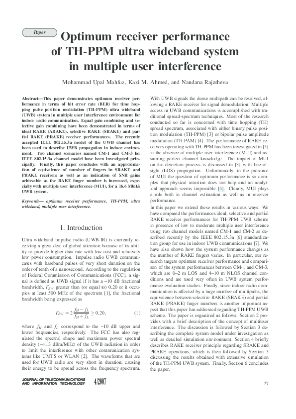 (PDF) Optimum receiver performance of TH-PPM ultra wideband system in ...