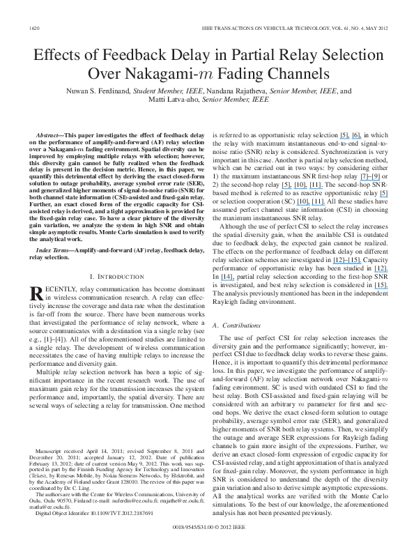 (PDF) Effects of Feedback Delay in Partial Relay Selection Over Nakagami- $m$ Fading Channels